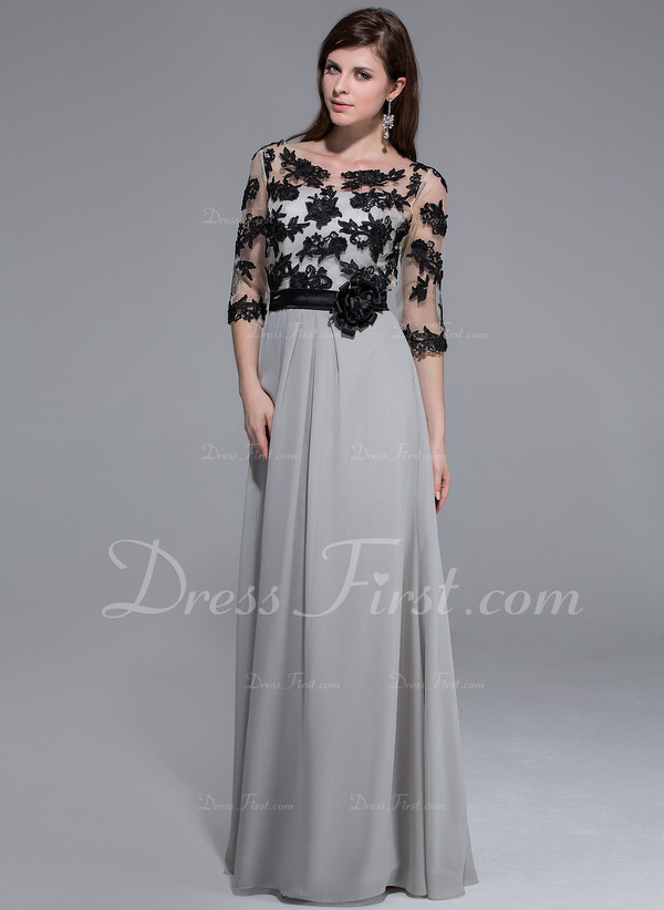 A Line Princess Scoop Neck Floor Length Chiffon Evening Dress With